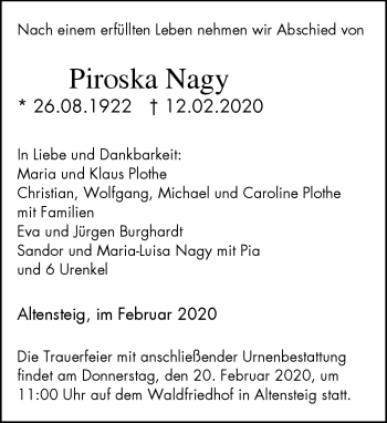Traueranzeigen von Piroska Nagy | Schwarzwälder Bote Trauer