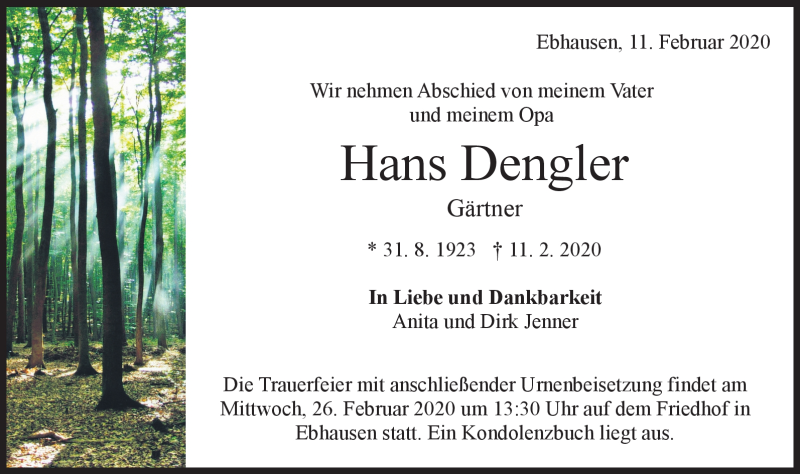 Traueranzeigen von Hans Dengler "Gärtner" | Schwarzwälder Bote Trauer