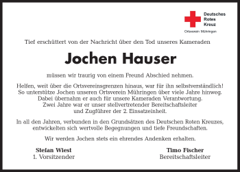 Traueranzeigen von Jochen Hauser | Schwarzwälder Bote Trauer