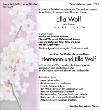 Traueranzeigen von Ella Wolf | Schwarzwälder Bote Trauer