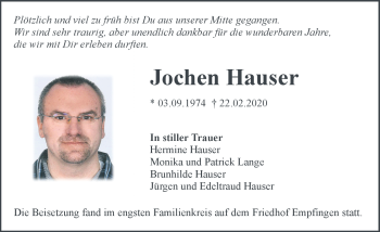Traueranzeigen von Jochen Hauser | Schwarzwälder Bote Trauer