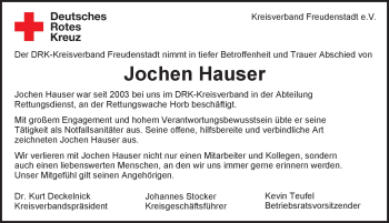 Traueranzeigen von Jochen Hauser | Schwarzwälder Bote Trauer