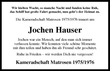 Traueranzeigen von Jochen Hauser | Schwarzwälder Bote Trauer