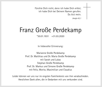 Traueranzeigen von Franz Große Perdekamp | Schwarzwälder Bote Trauer