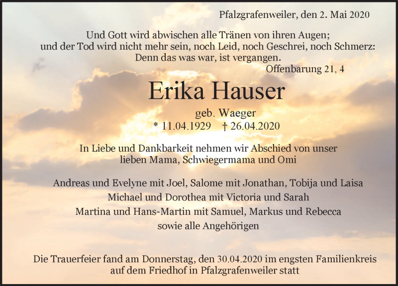 Traueranzeigen von Erika Hauser | Schwarzwälder Bote Trauer