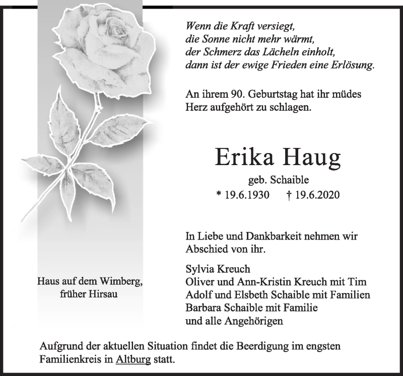 Traueranzeigen von Erika Haug | Schwarzwälder Bote Trauer
