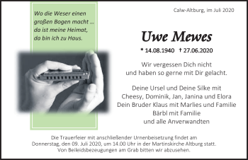 Traueranzeigen von Uwe Mewes | Schwarzwälder Bote Trauer