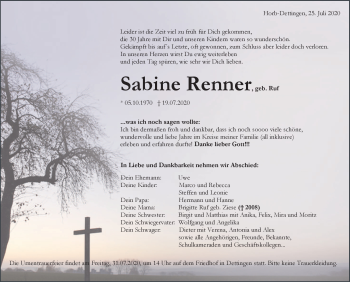 Traueranzeigen von Sabine Renner | Schwarzwälder Bote Trauer
