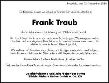 Traueranzeigen von Frank Traub | Schwarzwälder Bote Trauer