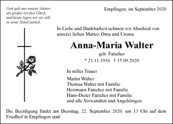 Traueranzeigen von Anna-Maria Walter | Schwarzwälder Bote Trauer
