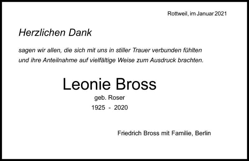 Traueranzeigen von Leonie Bross | Schwarzwälder Bote Trauer