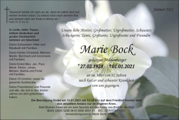 Traueranzeigen von Marie Bock | Schwarzwälder Bote Trauer