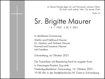 Traueranzeigen von Brigitte Maurer | Schwarzwälder Bote Trauer
