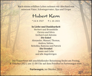 Traueranzeigen von Hubert Kern | Schwarzwälder Bote Trauer