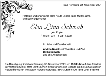 Traueranzeigen von Elsa Lina Schwab | Schwarzwälder Bote Trauer