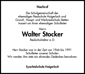 Traueranzeigen von Walter Stocker | Schwarzwälder Bote Trauer