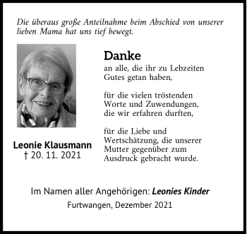 Traueranzeigen von Leonie Klausmann | Schwarzwälder Bote Trauer