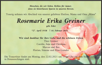 Traueranzeigen von Rosemarie Erika Greiner | Schwarzwälder Bote Trauer