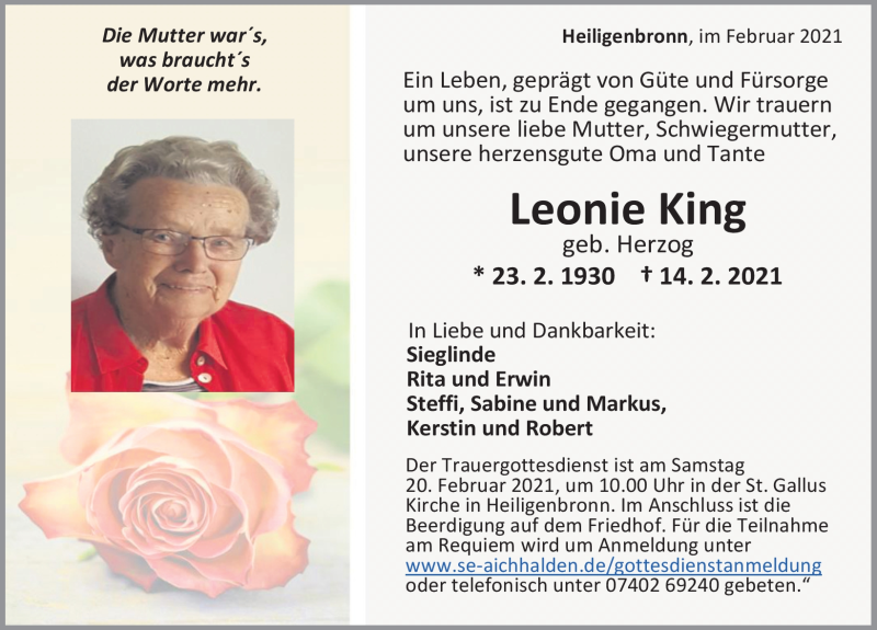 Traueranzeigen von Leonie King | Schwarzwälder Bote Trauer