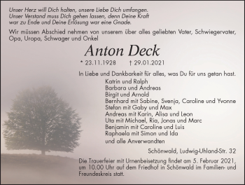 Traueranzeigen von Anton Deck | Schwarzwälder Bote Trauer
