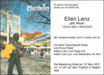 Traueranzeigen von Ellen Lenz | Schwarzwälder Bote Trauer