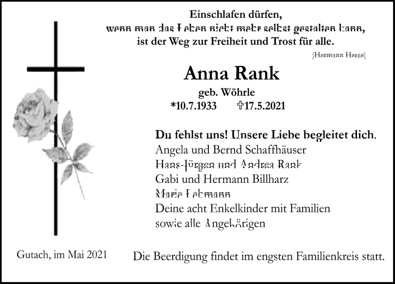 Traueranzeigen von Anna Rank | Schwarzwälder Bote Trauer