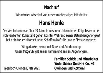 Traueranzeigen von Hans Henle | Schwarzwälder Bote Trauer