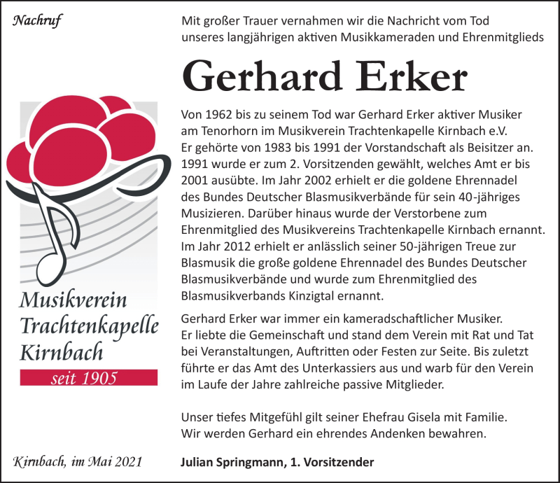 Traueranzeigen von Gerhard Erker | Schwarzwälder Bote Trauer