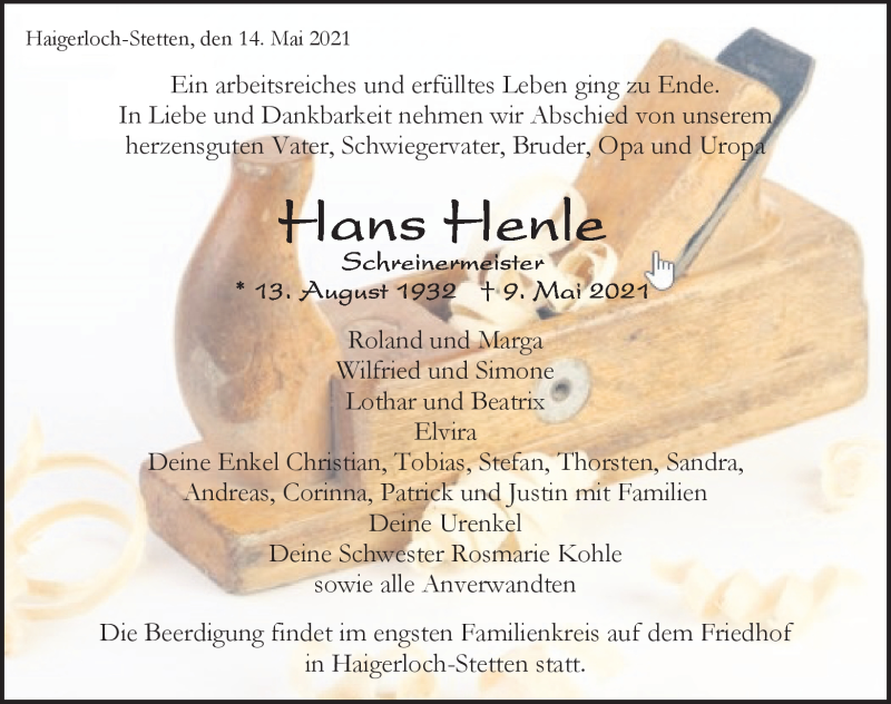 Traueranzeigen von Hans Henle | Schwarzwälder Bote Trauer