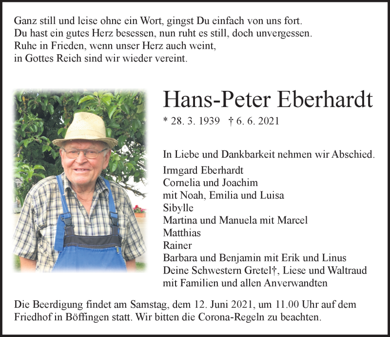 Traueranzeigen von Hans-Peter Eberhardt | Schwarzwälder Bote Trauer