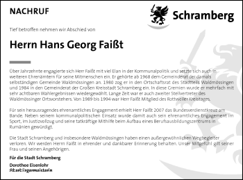 Traueranzeigen von Hans Georg Faißt | Schwarzwälder Bote Trauer