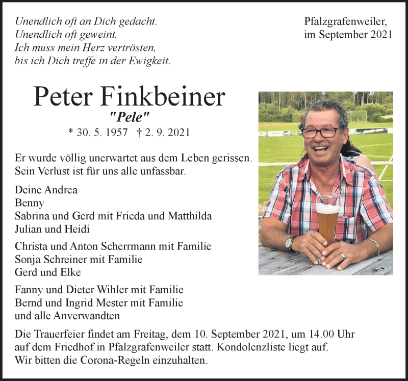 Traueranzeigen von Peter Finkbeiner | Schwarzwälder Bote Trauer