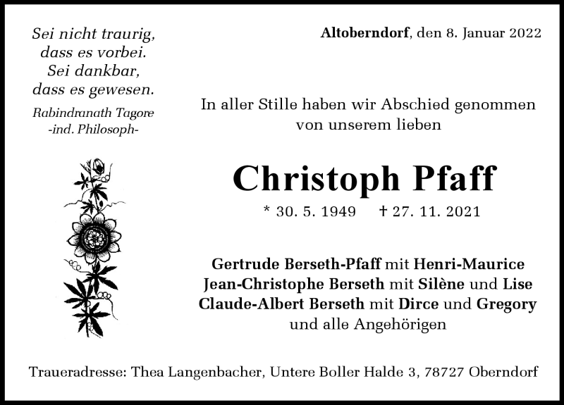Traueranzeigen von Christoph Pfaff | Schwarzwälder Bote Trauer