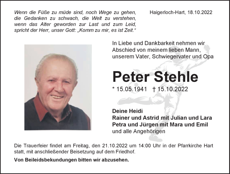 Traueranzeigen von Peter Stehle | Schwarzwälder Bote Trauer