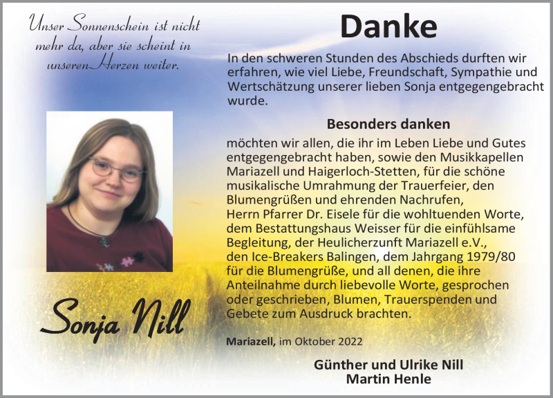Traueranzeigen von Sonja Nill | Schwarzwälder Bote Trauer