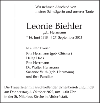 Traueranzeigen von Leonie Biehler | Schwarzwälder Bote Trauer