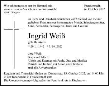 Traueranzeigen von Ingrid Weiß | Schwarzwälder Bote Trauer