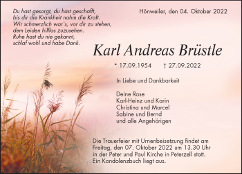 Traueranzeigen von Karl Andreas | Schwarzwälder Bote Trauer