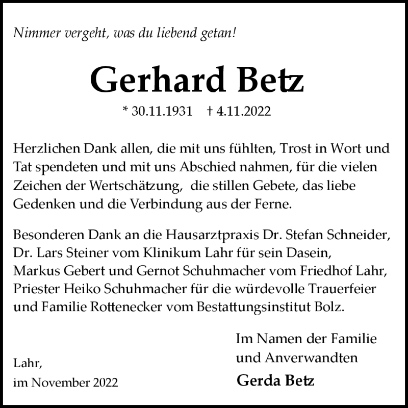 Traueranzeigen von Gerhard Betz | Schwarzwälder Bote Trauer