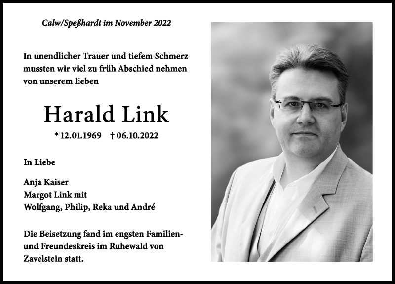Traueranzeigen von Harald Link | Schwarzwälder Bote Trauer