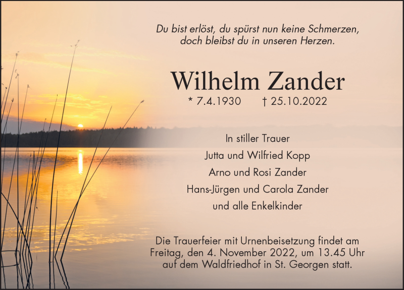 Traueranzeigen von Wilhelm Zander | Schwarzwälder Bote Trauer
