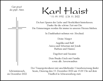 Traueranzeigen von Karl Haist | Schwarzwälder Bote Trauer
