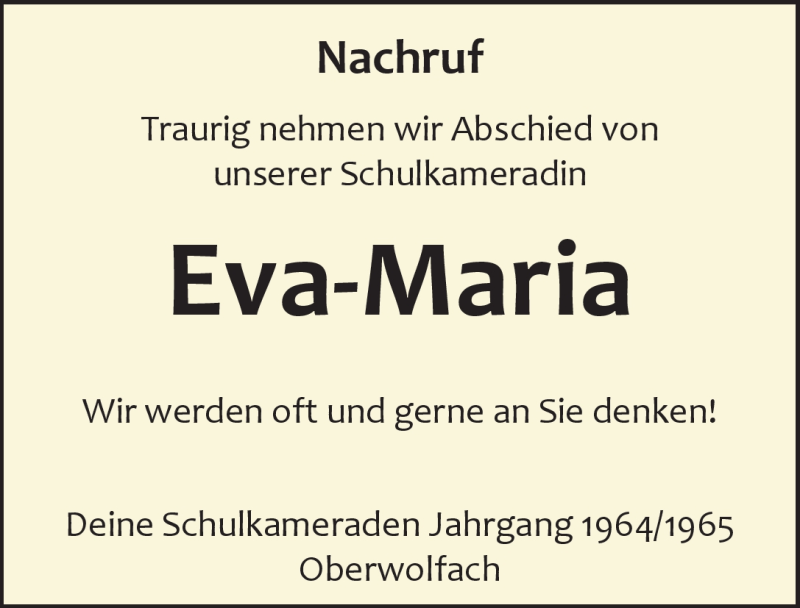 Traueranzeigen von Eva-Maria Echle | Schwarzwälder Bote Trauer