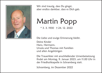 Traueranzeigen von Martin Popp | Schwarzwälder Bote Trauer