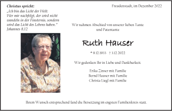 Traueranzeigen von Ruth Hauser | Schwarzwälder Bote Trauer