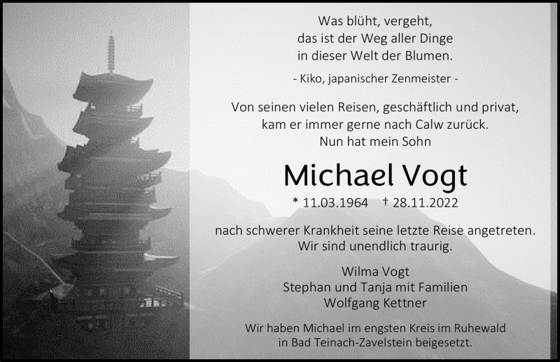 Traueranzeigen von Michael Vogt | Schwarzwälder Bote Trauer