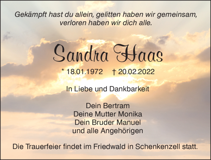 Traueranzeigen von Sandra Haas | Schwarzwälder Bote Trauer