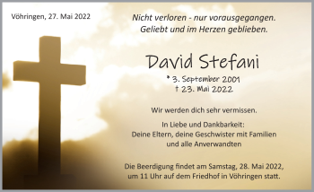 Traueranzeigen von David Stefani | Schwarzwälder Bote Trauer