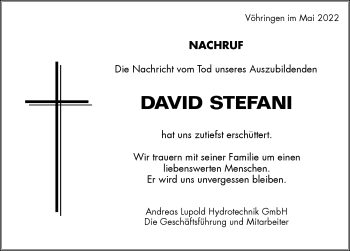 Traueranzeigen von David Stefani | Schwarzwälder Bote Trauer