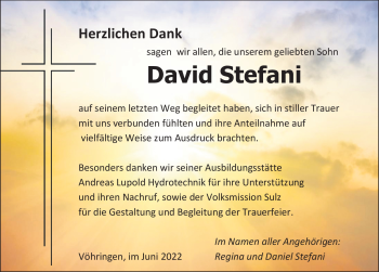 Traueranzeigen von David Stefani | Schwarzwälder Bote Trauer